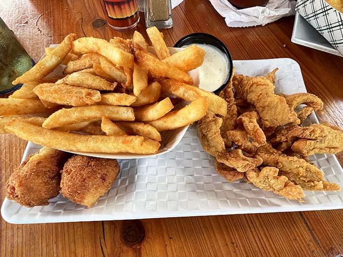 Even landlubbers need love – crispy chicken tenders that prove this kitchen masters everything perfectly.