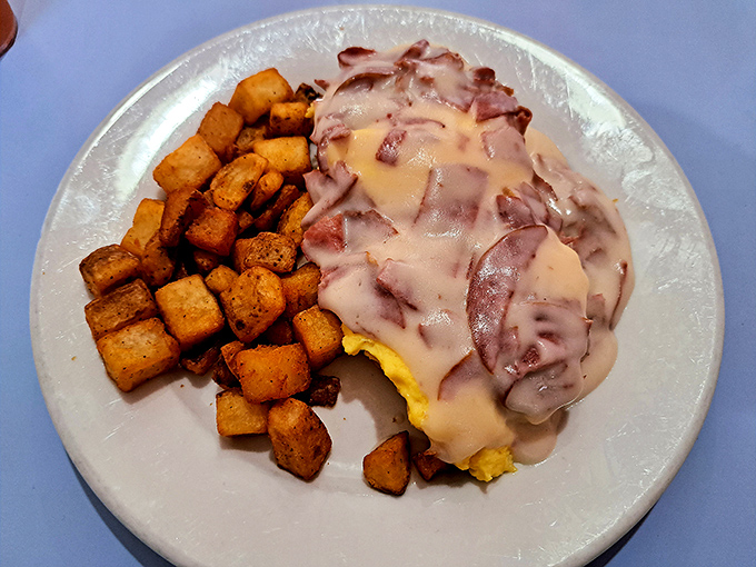 Chipped beef elevated to art form – savory, creamy goodness paired with those golden-brown home fries that steal the show.