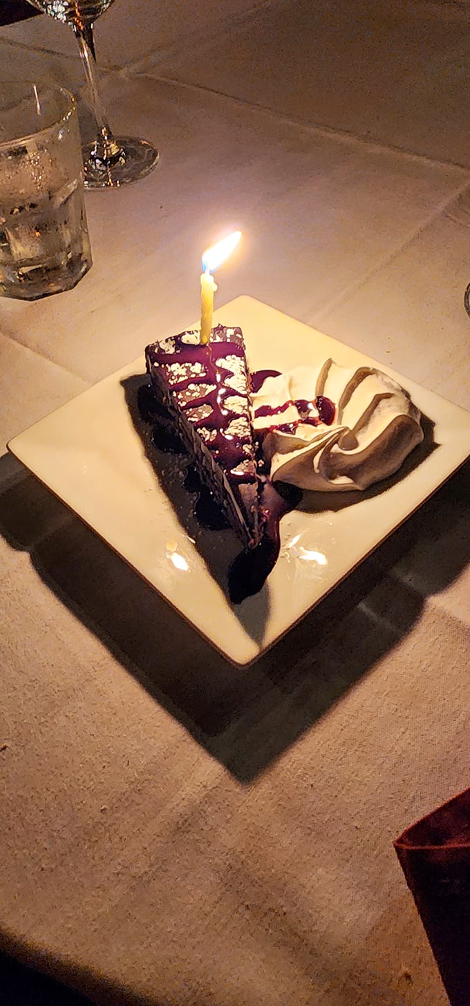 Birthday celebrations done right—chocolate cake with a candle, artful drizzles, and a dollop of cream. Calories don't count when there's a candle involved.