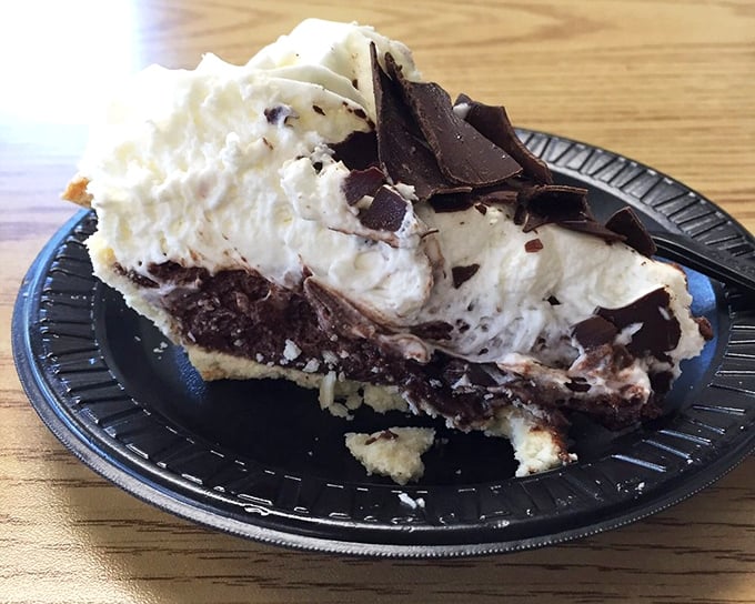 A chocolate cream pie that doesn't need fancy garnishes to announce its greatness. The kind of dessert that makes you consider ordering a second slice before finishing the first.
