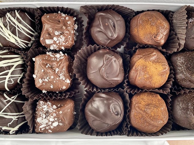 Chocolate soldiers lined up in perfect formation, each one a different battle plan for your taste buds. The sea salt caramels alone are worth the drive from Chicago.