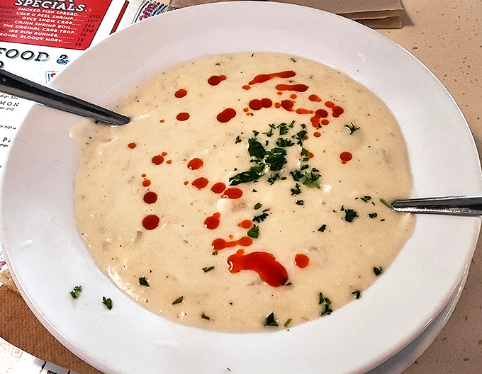 This clam chowder, dotted with hot sauce and fresh herbs, is the kind of comfort food that makes you wonder why you'd ever eat anything else on a cloudy day.