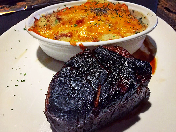 The Coffee-Cured Filet with its caramelized crust sits beside golden mac and cheese – a duo that makes you question why you'd eat anything else.