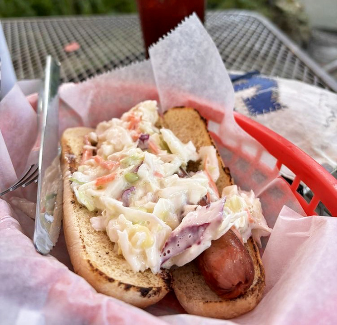 When a hot dog gets dressed up with coleslaw, magic happens between those toasted buns.