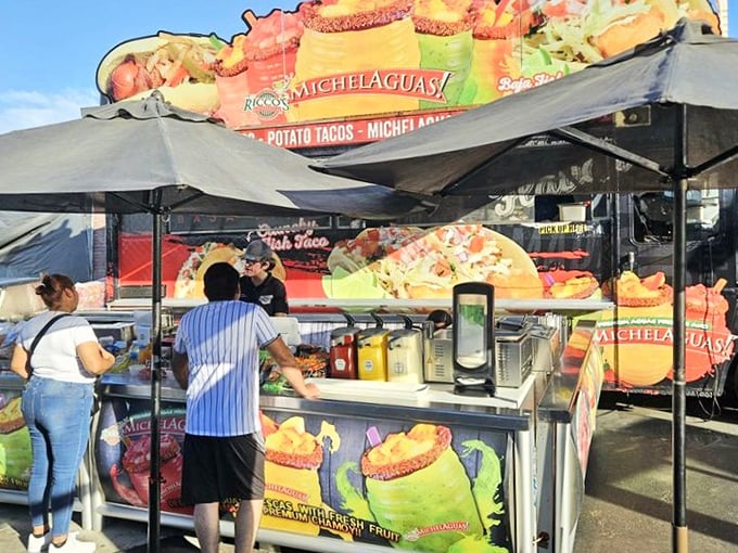 Micheladas and potato tacos beckon hungry shoppers—because serious treasure hunting requires serious fuel.