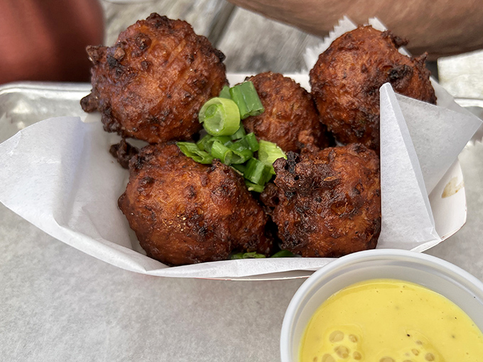 These conch fritters aren't just appetizers—they're golden orbs of Caribbean-influenced joy, served with a sauce that demands to be savored.