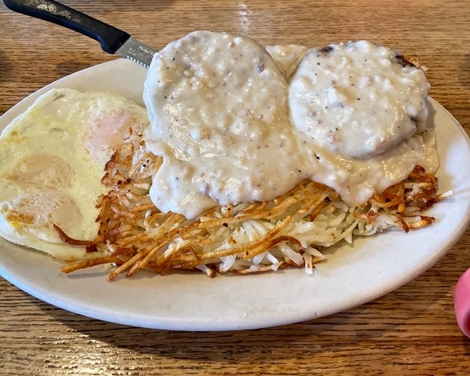 When country gravy meets biscuits, it's not just breakfast—it's a spiritual experience that makes you want to hug the chef and buy a rocking chair.