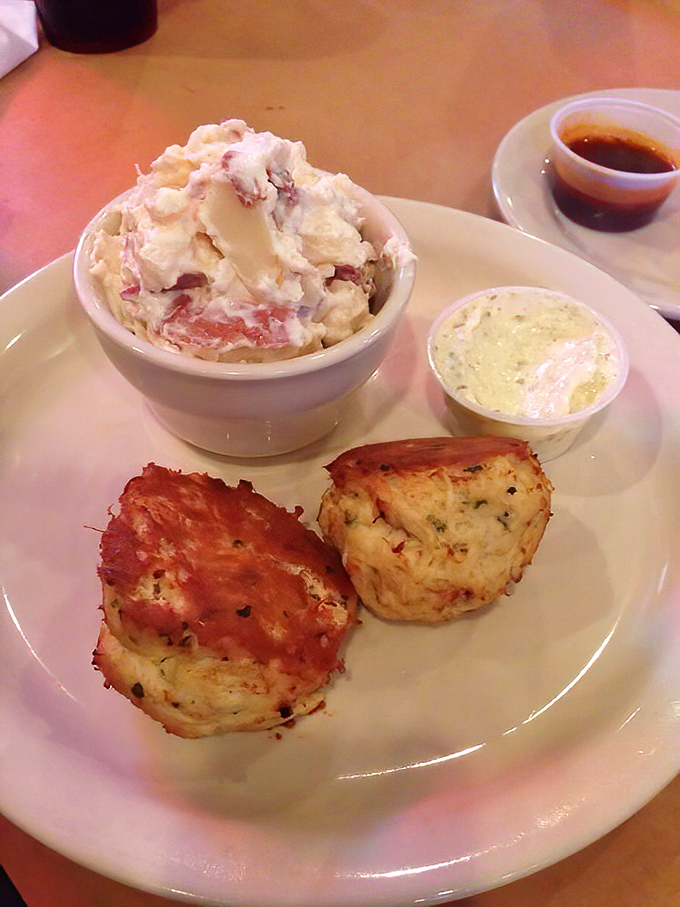 The legendary crab cakes arrive with zero pretension and maximum flavor. Mostly crab, minimal filler—the way nature and Delaware intended.