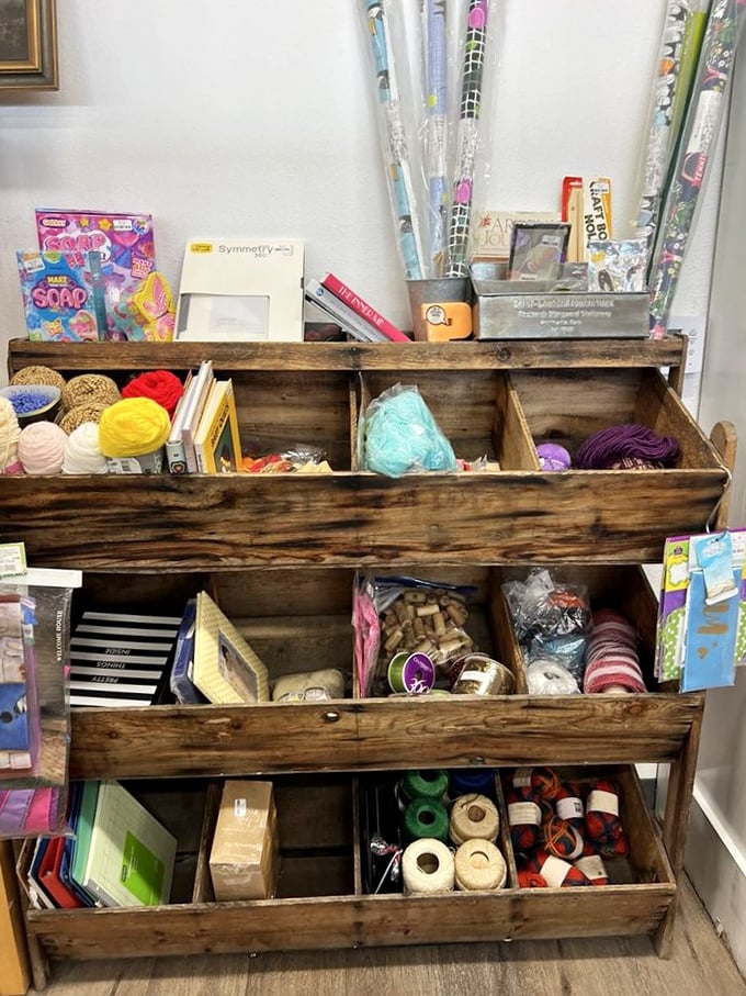 A crafter's dream come true! This rustic wooden organizer holds the raw materials of creativity—yarns, papers, and tools waiting for inspired hands.