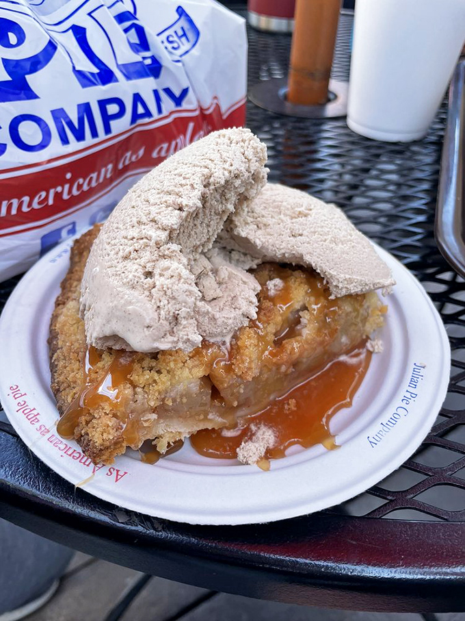 Dutch apple pie crowned with cinnamon ice cream—proof that sometimes more really is more, especially when it's melting into warm pie.