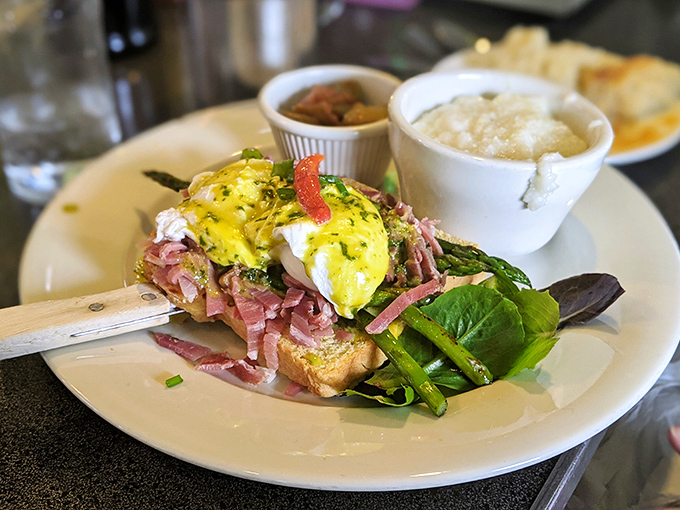 Eggs Benedict done right – when the hollandaise flows like liquid gold over perfectly poached eggs and crispy asparagus.