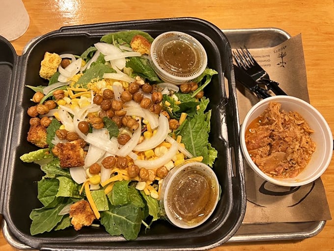 "I'll just have a salad," said no one ever at a BBQ joint – until they saw this farm-fresh creation topped with pulled chicken.