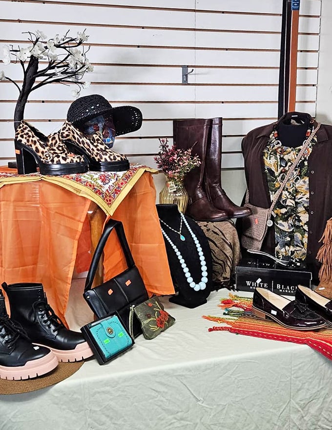 A fashionista's dream display—leopard print meets classic boots in this carefully curated corner of affordable style.