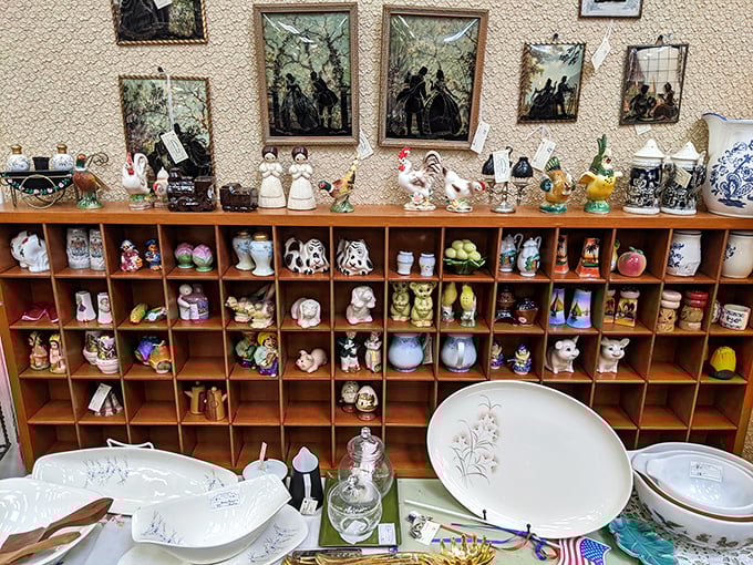 A miniature menagerie organized with the precision of Noah's Ark inventory manager. That rooster salt shaker has seen things you wouldn't believe.