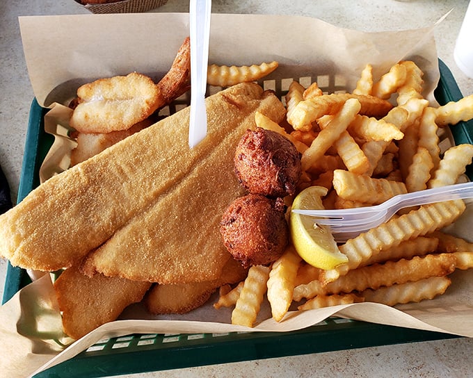 The perfect marriage of land and sea. Golden fish fillets and crispy shrimp nestled alongside hush puppies—Florida's culinary love letter.
