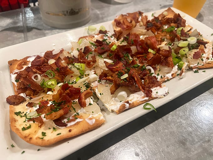 Not your college flatbread! This crispy canvas topped with bacon and herbs proves that German cuisine isn't all about the meat and potatoes.