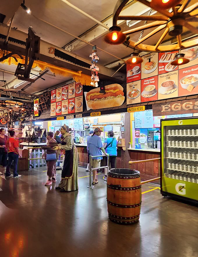 The food court serves up comfort classics beneath wagon wheel chandeliers—because treasure hunting builds an appetite worthy of frontier proportions.