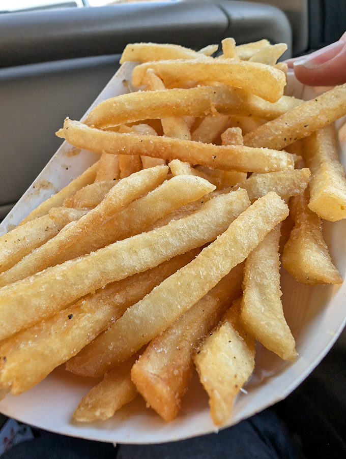 The star of the show – golden, crispy french fries that somehow manage to be both delicate and substantial, like edible sunshine.