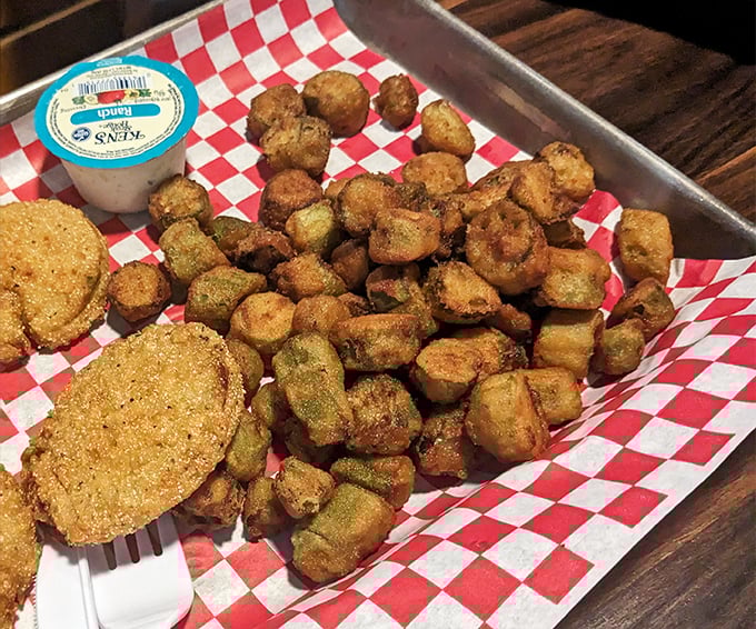 Fried okra and cornbread pucks – the supporting actors that deserve their own standing ovation in this BBQ drama.