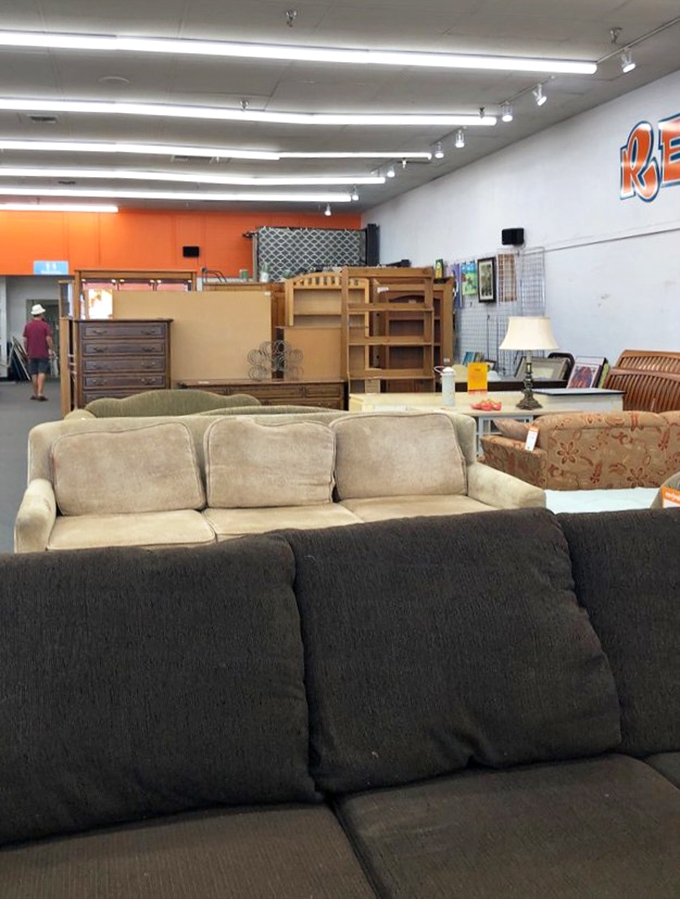 The furniture section – where sofas of all personalities come to find their forever homes. That beige one's seen some things.