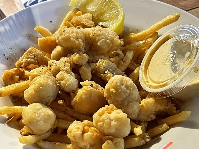Golden-fried bay scallops and fries—proof that sometimes the simplest preparations let the sweetness of fresh seafood shine brightest.