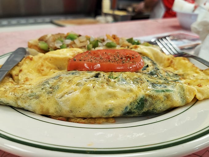 An omelet so perfectly folded it could teach origami classes, with a slice of tomato standing guard like a tasty sentinel.
