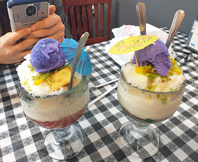Halo-halo isn't just dessert—it's an edible color wheel topped with purple yam ice cream that makes rainbow sprinkles look positively boring.