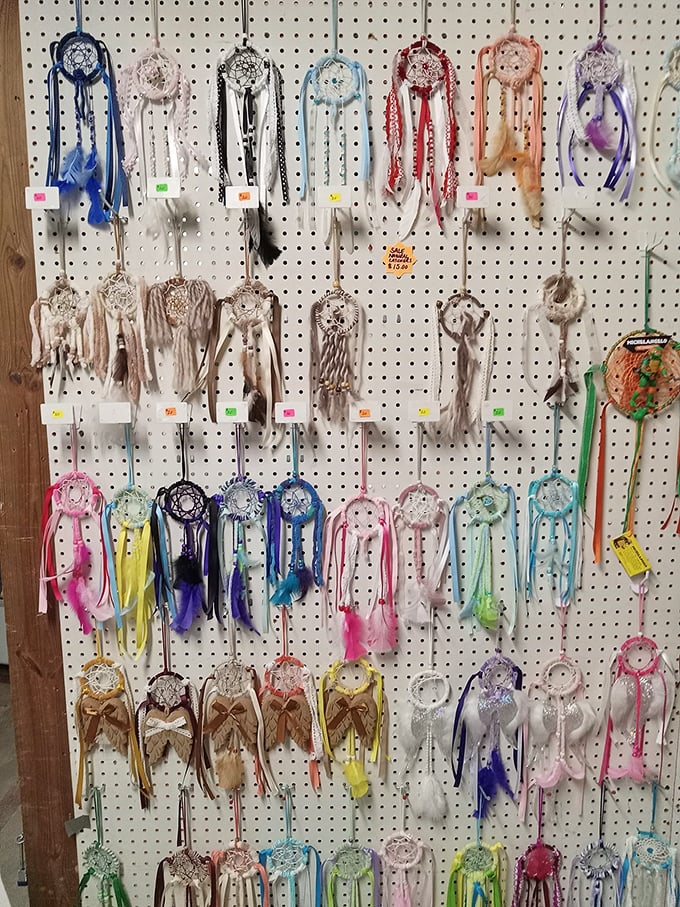 Dreamcatchers in every color imaginable hang like a rainbow of good vibes, promising to filter out bad dreams and boring décor.