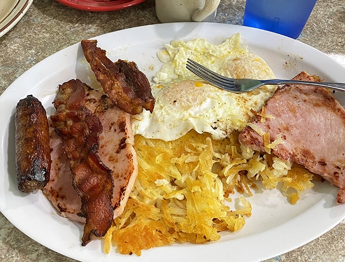This isn't just breakfast—it's edible therapy. Eggs, hash browns, and meat arranged like a delicious Venn diagram of comfort.