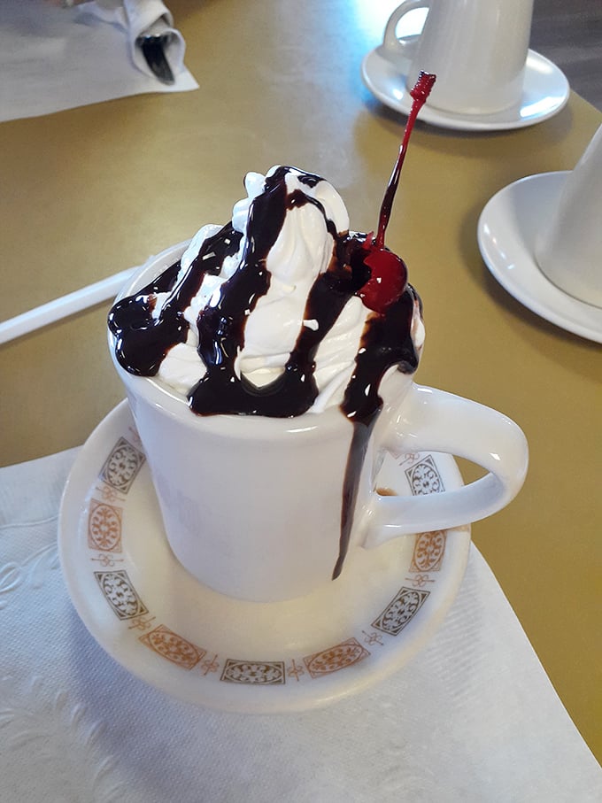 Hot chocolate that doesn't just warm your hands but your soul – topped with a cloud of whipped cream and chocolate drizzle.