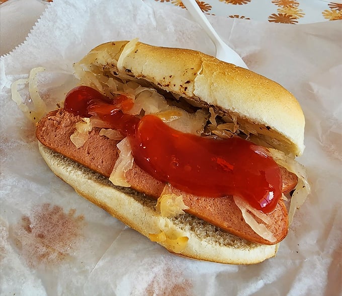 The hot dog—dressed with sauerkraut and a confident streak of ketchup—proves that sometimes the simplest pleasures are the most enduring. A handheld slice of Americana.