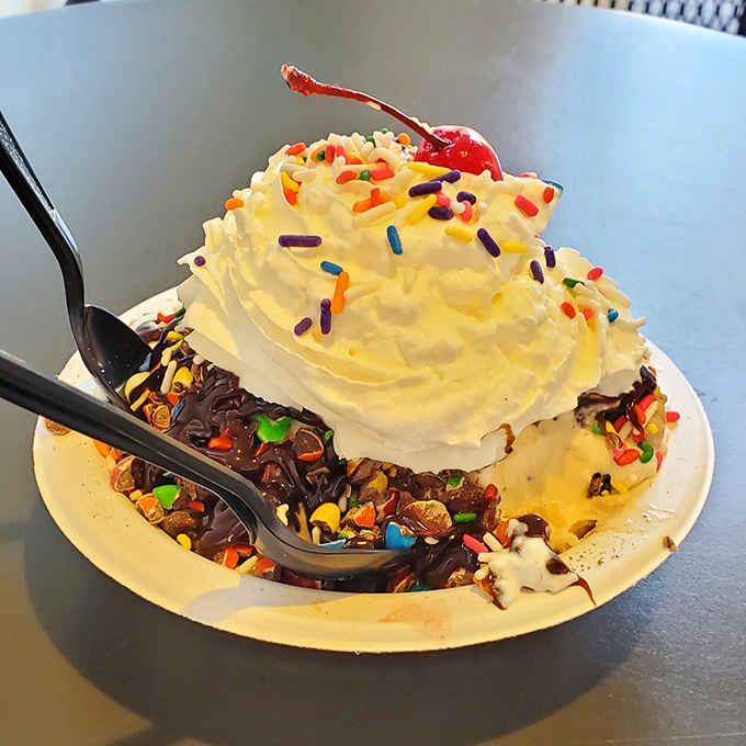This sundae isn't just dessert—it's performance art. The sprinkles add that perfect touch of whimsy, like confetti at a celebration of flavor.