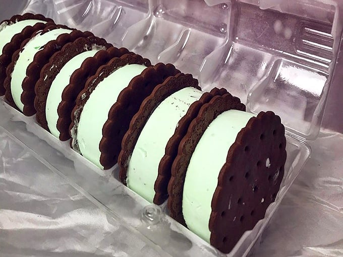 Ice cream sandwiches lined up like edible dominos—chocolate cookies embracing mint ice cream in a perfect marriage of textures.