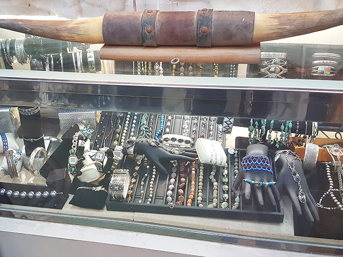 Treasures under glass – turquoise, silver, and stories. Each bracelet and necklace holds secrets of previous owners and awaits new wrists to adorn.