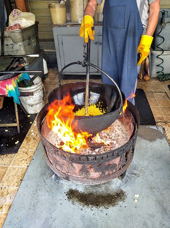Culinary alchemy in action! Watching kettle corn being made is like witnessing a delicious science experiment where everyone wins, especially your taste buds.