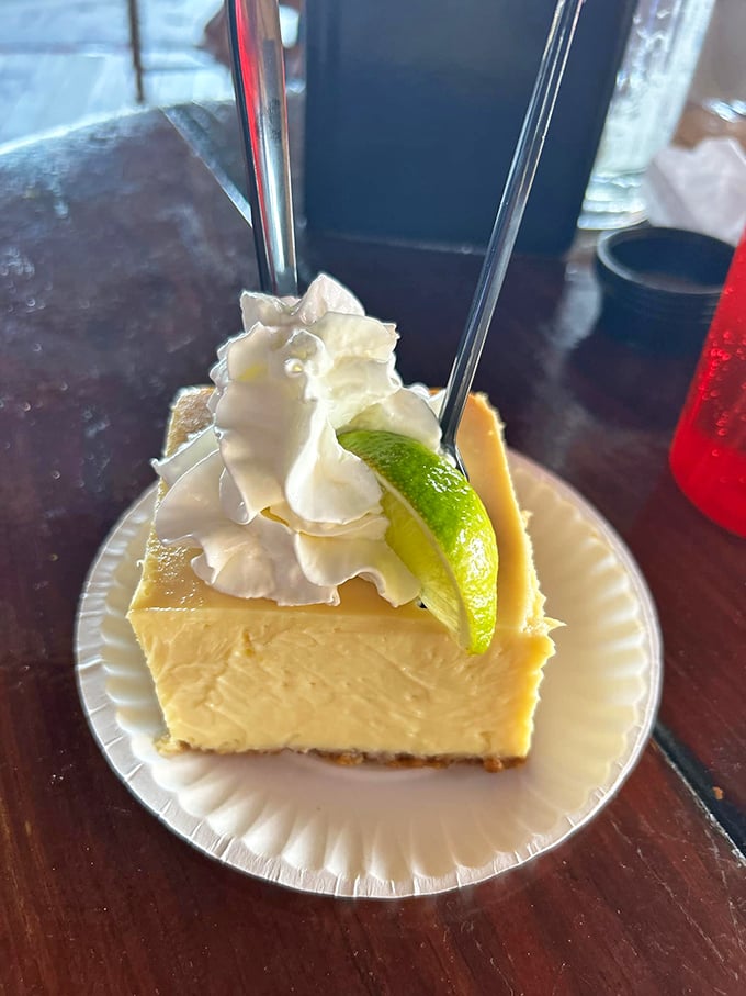 The Key lime pie that launched a thousand road trips. That pale yellow color tells you it's the real deal—no food coloring needed.