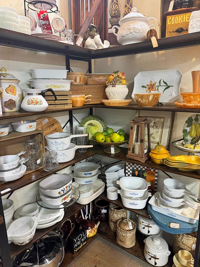 Corningware and Pyrex paradise! These aren't just kitchen items—they're the vessels that carried every potluck dinner from 1965 to 1985.
