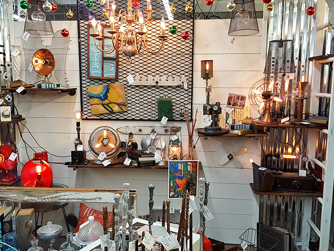 This lighting display could illuminate the set of a Wes Anderson film—quirky, vintage, and absolutely impossible to leave without buying something.