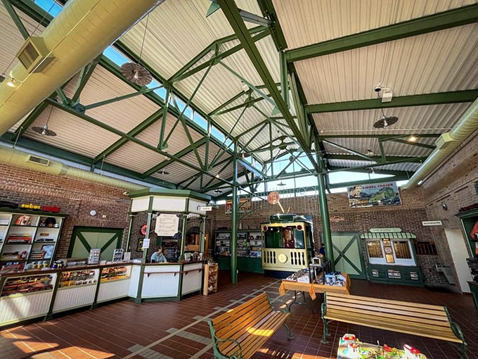 The museum's interior echoes classic train station architecture, with soaring green beams that would make any railroad baron proud.