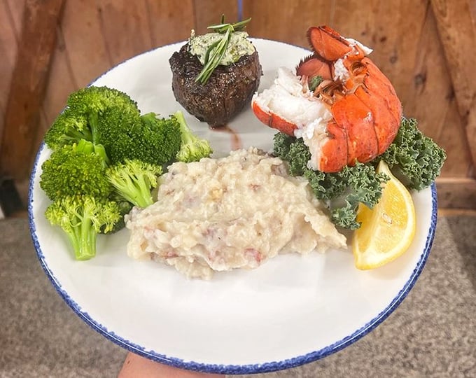 The surf and turf that dreams are made of—a petite filet, sweet lobster meat, and mashed potatoes that clearly weren't an afterthought.