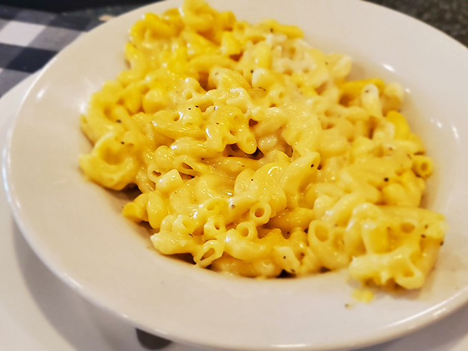 Mac and cheese that glows with cheesy promise. This isn't that neon stuff from a box—it's the real deal that makes adults fight over the last bite.