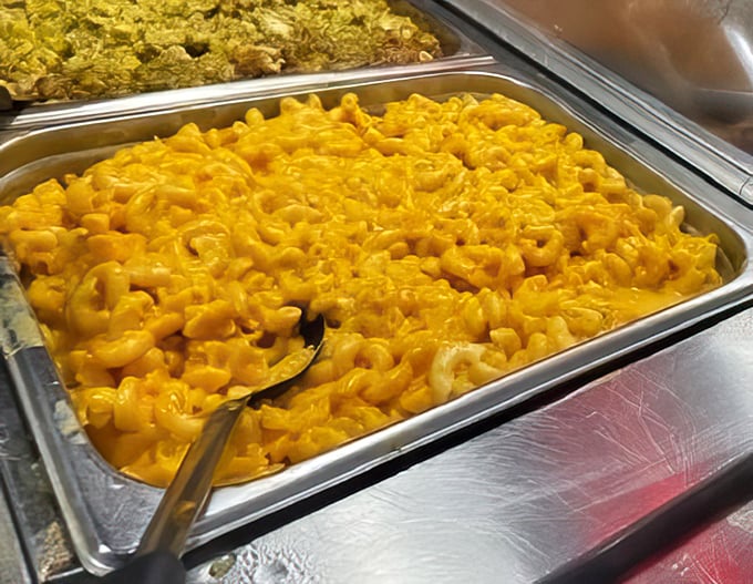 Mac and cheese that achieves that perfect golden-orange glow—like a sunset you can eat with a spoon.