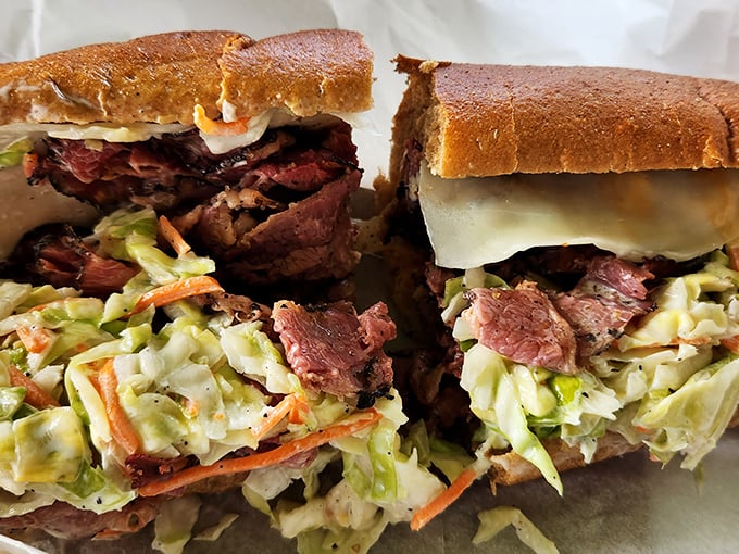 The Miami Beach sandwich—where coleslaw meets meat in a harmony so perfect you'll wonder why all sandwiches don't follow this brilliant formula.