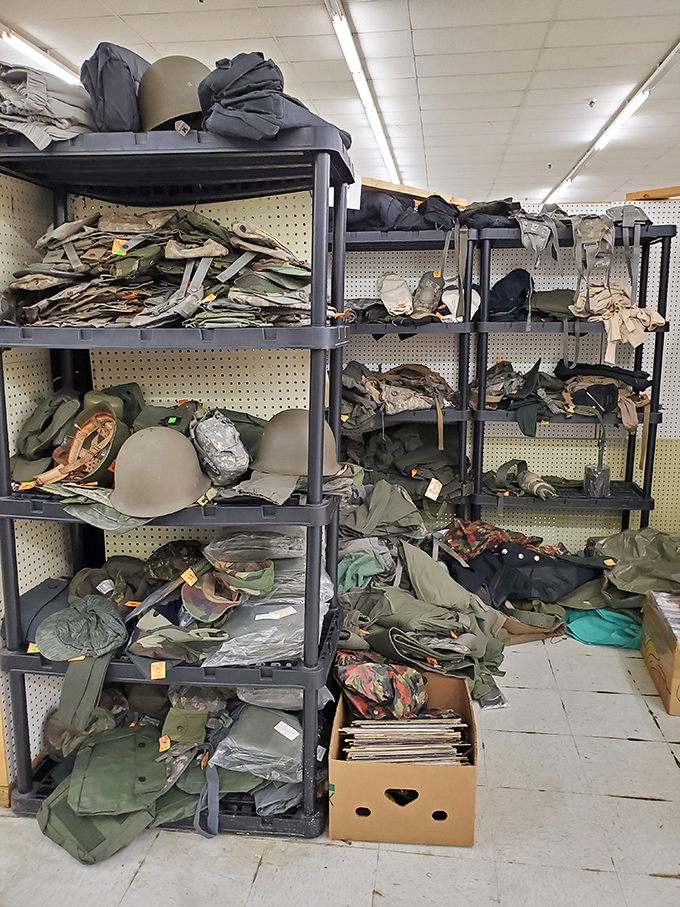 Military surplus heaven for history buffs and outdoor enthusiasts alike – helmets, fatigues, and gear with stories to tell.