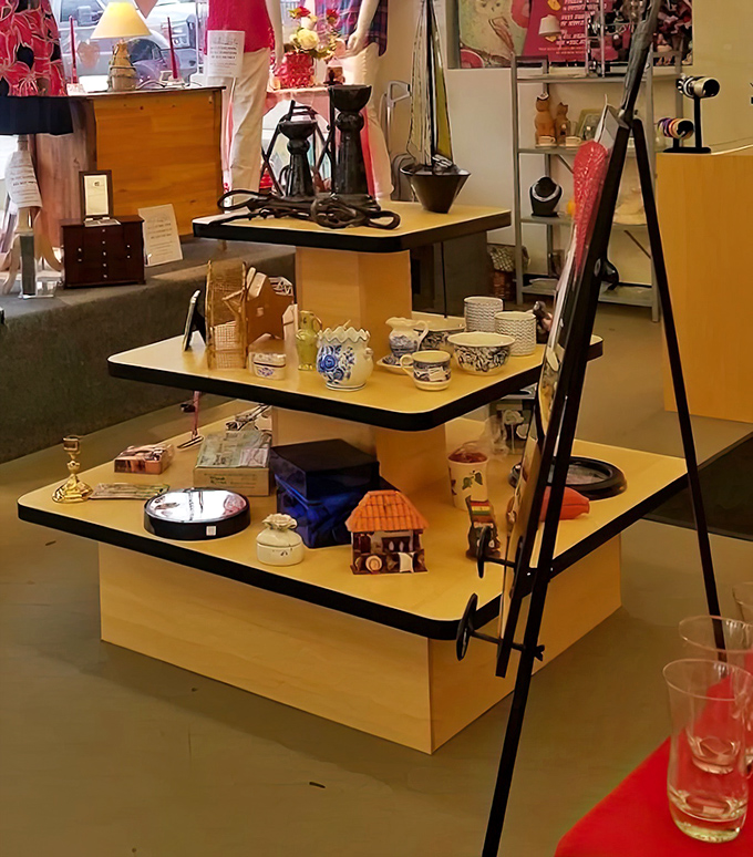 This tiered display of home treasures feels like an archaeological dig through America's decorative past—each shelf revealing new possibilities for your shelves.