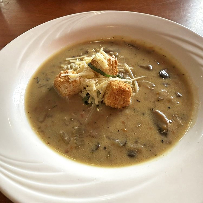 A bowl of mushroom soup that whispers, "Cancel your plans for the afternoon—you'll want to savor every spoonful of this velvety masterpiece."