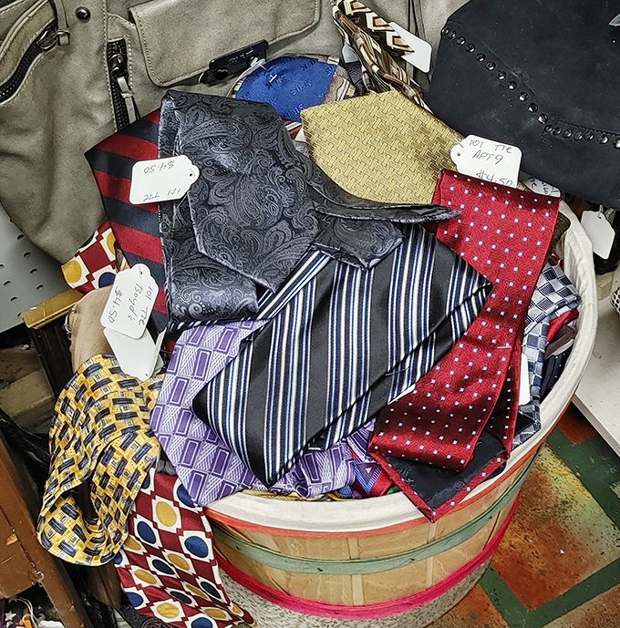 The barrel of ties contains a fashion time capsule spanning decades—from "Mad Men" skinny to "Miami Vice" wide and everything in between.