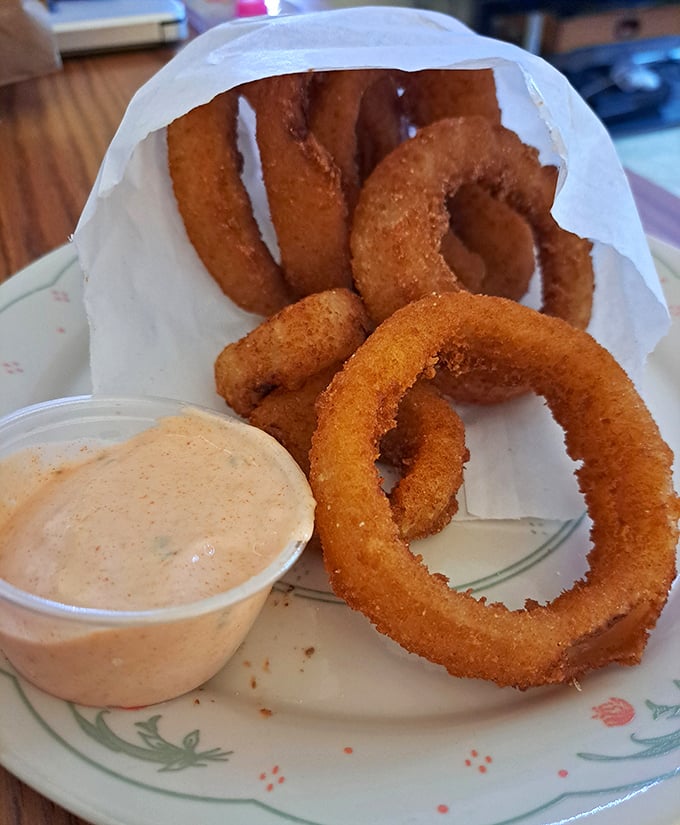 Onion rings with the perfect crunch-to-give ratio, paired with a dipping sauce that makes you question why vegetables ever needed improving upon.