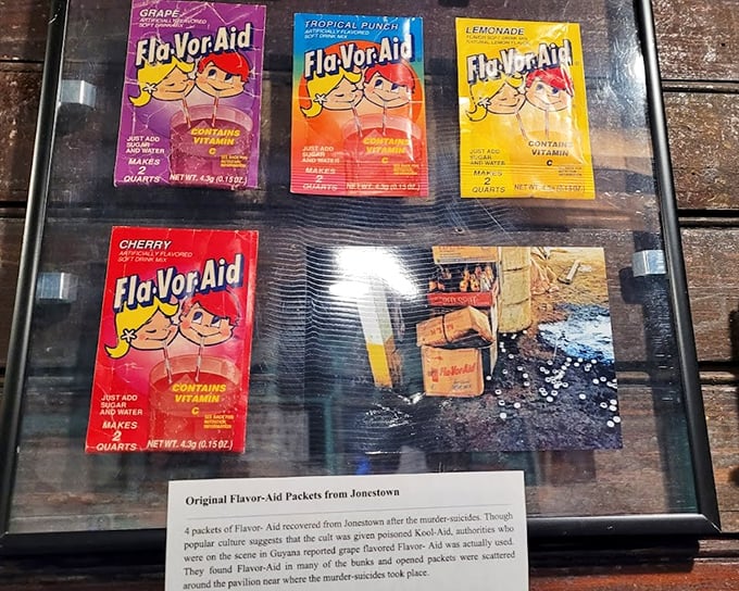 Original Flavor-Aid packets recovered from Jonestown—a sobering reminder that history's darkest moments often begin with the most ordinary objects.