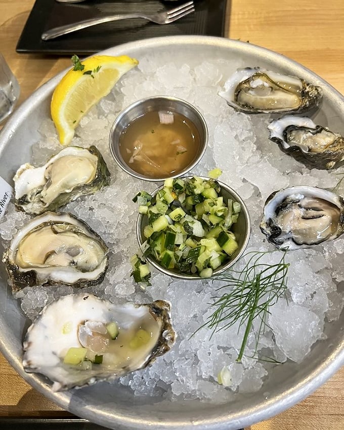 Oysters on ice with cucumber mignonette—nature's perfect appetizer. The ocean distilled into one perfect bite, with a squeeze of lemon for good measure.